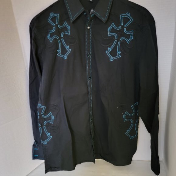 Roar | Shirts | Mens Roar Black Long Sleeve Blue Embroidered Stitching ...